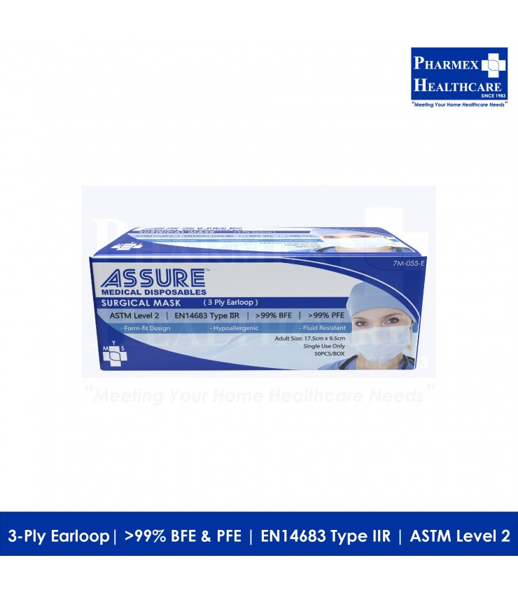 ASSURE Surgical Mask (3-Ply Earloop, Disposable, 50 Pcs/Box) | Pharmex ...